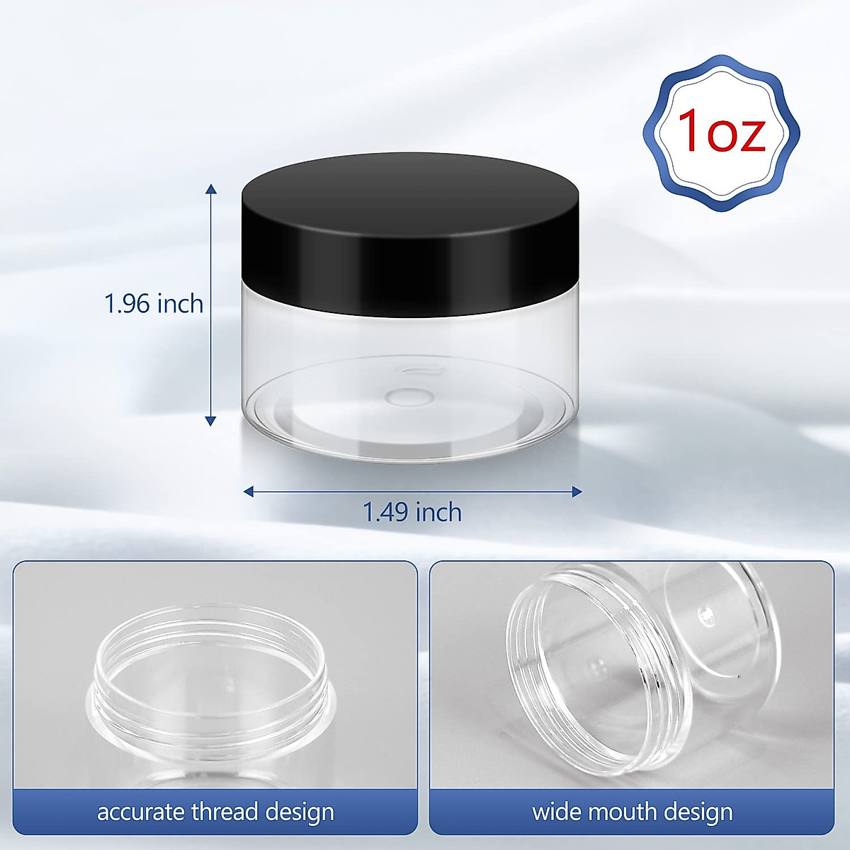 Loretoy Household 1oz Plastic Jars with Lids, 6 Pack BPA Free, Reusable, Refillable Transparent Cosmetic Containers for Bath Salts, Cosmetics, Powders, Beauty Product and Small Accessories