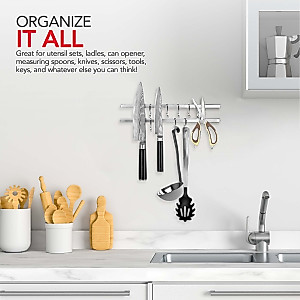 Modern Innovations (12 Inch) Stainless Steel Metal Magnetic Knife Holder, Wall Mount Double Bar with 8 Hooks - Multipurpose Knife Magnetic Strip, Utensil hanger, and Kitchen Storage Rack Magnet