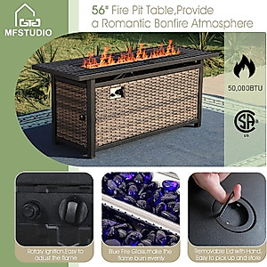 MFSTUDIO 11 Pieces Wicker Patio Furniture Set with 56" Fire Pit Table, All-Weather Rattan Outdoor Half-Moon Patio Sectional Sofa Set, 4 x Curved Sofa, 4 x Armless Sofa, 2 x Ottoman(Beige Cushion)