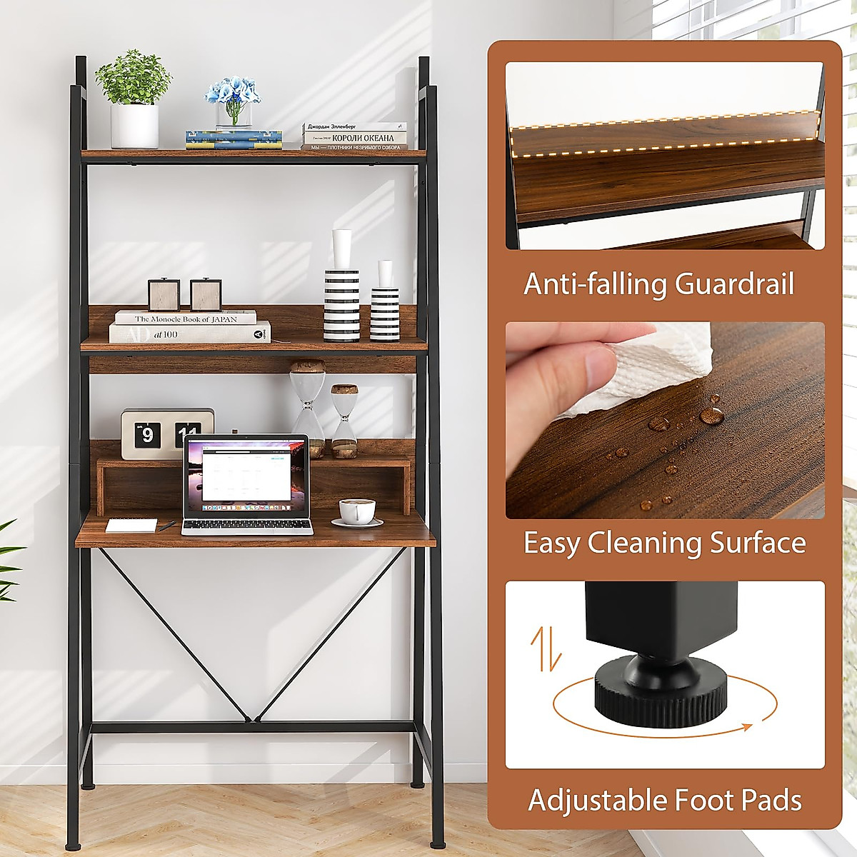 Tangkula 3-Tier Ladder Computer Desk, 71 Inch Modern Writing Desk with Storage Shelves, PC Laptop Workstation, Ladder Bookcase Stand Shelf with Metal Frame, Study Shelf Desk for Home Office (Brown)