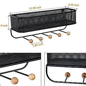 Mail Organizer Wall Mount Key and Mail Holder for Wall Decorative with 5 Key Hooks Mail and Key Rack Hanger Metal Wire Mesh Storage Basket for Entryway Letters Magazine Bills Leashes Coat - Black