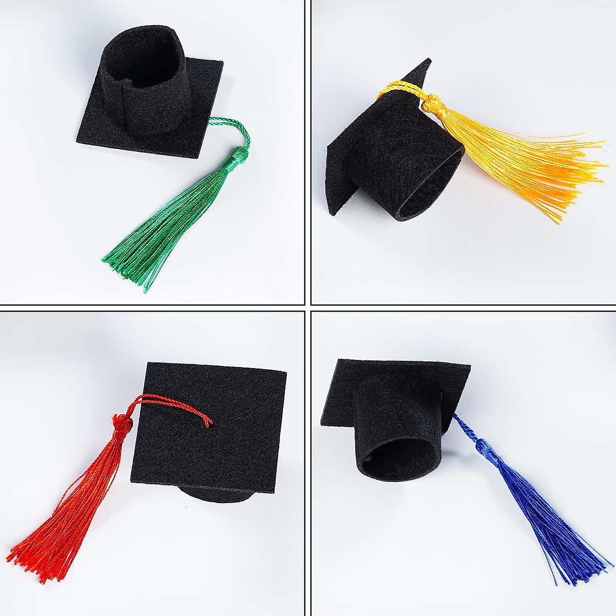 12 Mini Graduation Cap Bottle Toppers with Tassels - Black Felt Crafts for Party Table Decorations (Mixed)
