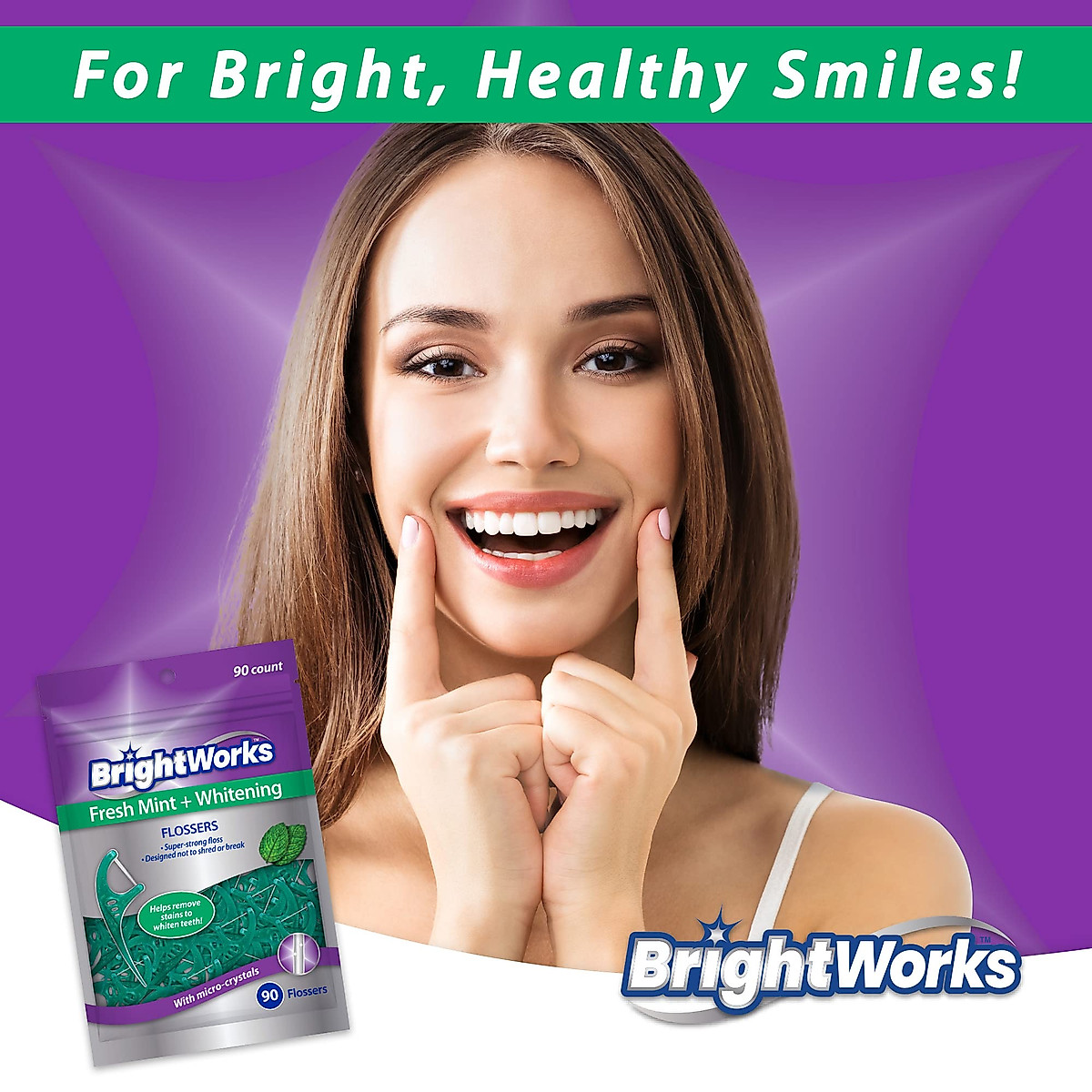 270 Piece BrightWorks Fresh Mint + Whitening Dental Flossers, with Super-Strong Floss for Adults, with Mint-Flavored Floss and Micro-Crystals, 90 Count (Pack of 3)