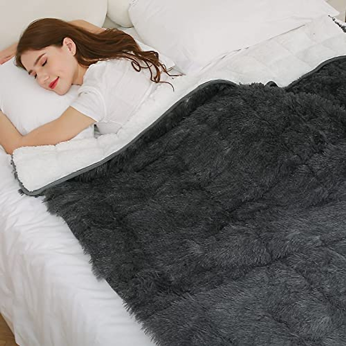 yescool Faux Fur Weighted Blanket 60"x80" 20lbs,Fuzzy Cozy Shaggy Weighted Blanket Queen Size for Adult，Fluffy Sherpa Comfy Heavy Blanket for Women Men,Warm Soft Plush Grey Blanket for Couch Sofa Bed