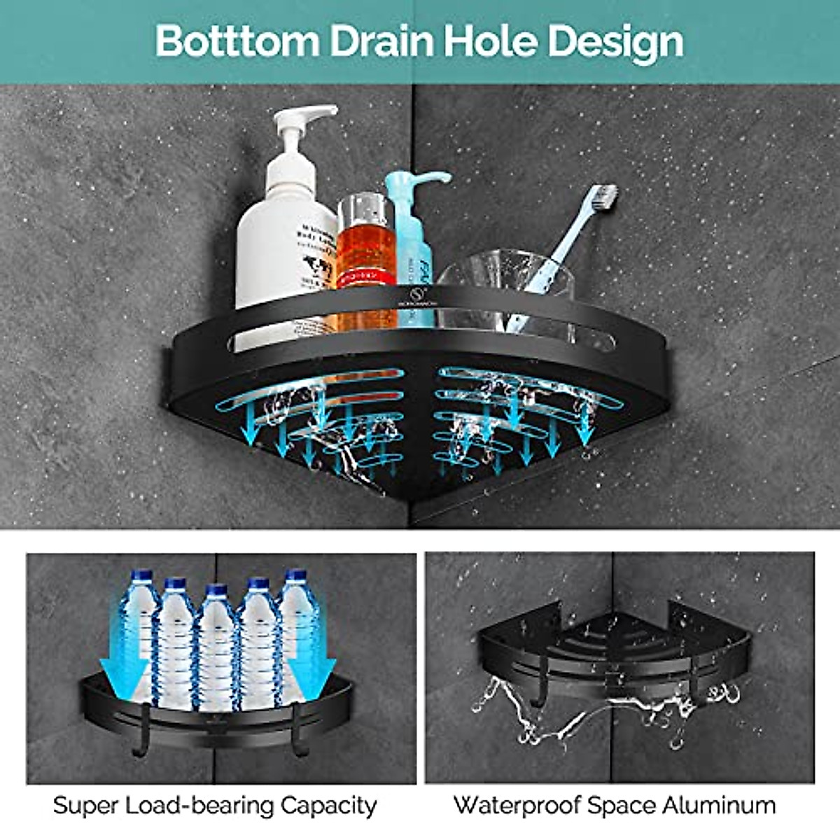 SORGMACH Shower Shelf Corner Adhesive Bathroom Shower Caddy Storage with 4 Removable Hook Holder Sholder Shelf for Wall Toilet Dorm No Drilling Wall Mounted Organizer Basket Kitchen-2 Pack