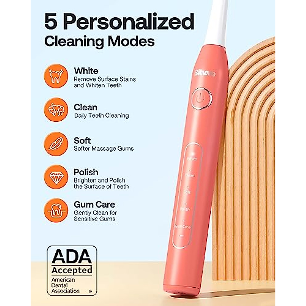 Bitvae Ultrasonic Electric Toothbrush with 8 Brush Heads for Adults and Kids, Rechargeable Travel Toothbrush with a Holder, 5 Modes, Smart Timer, Living Coral D2