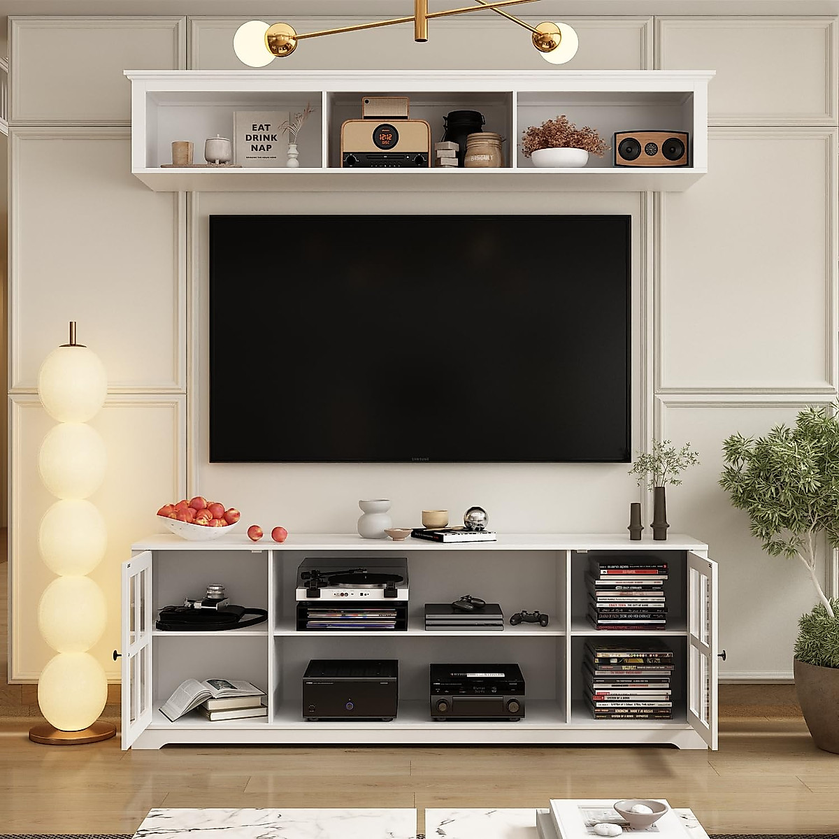 AIEGLE Entertainment Wall Unit Set with Bridge, Modern TV Stand for 70+ Inch TVs, Media Console Cabinet Glass Doors & Adjustable Shelves for Living Room Storage, White 68.1" W