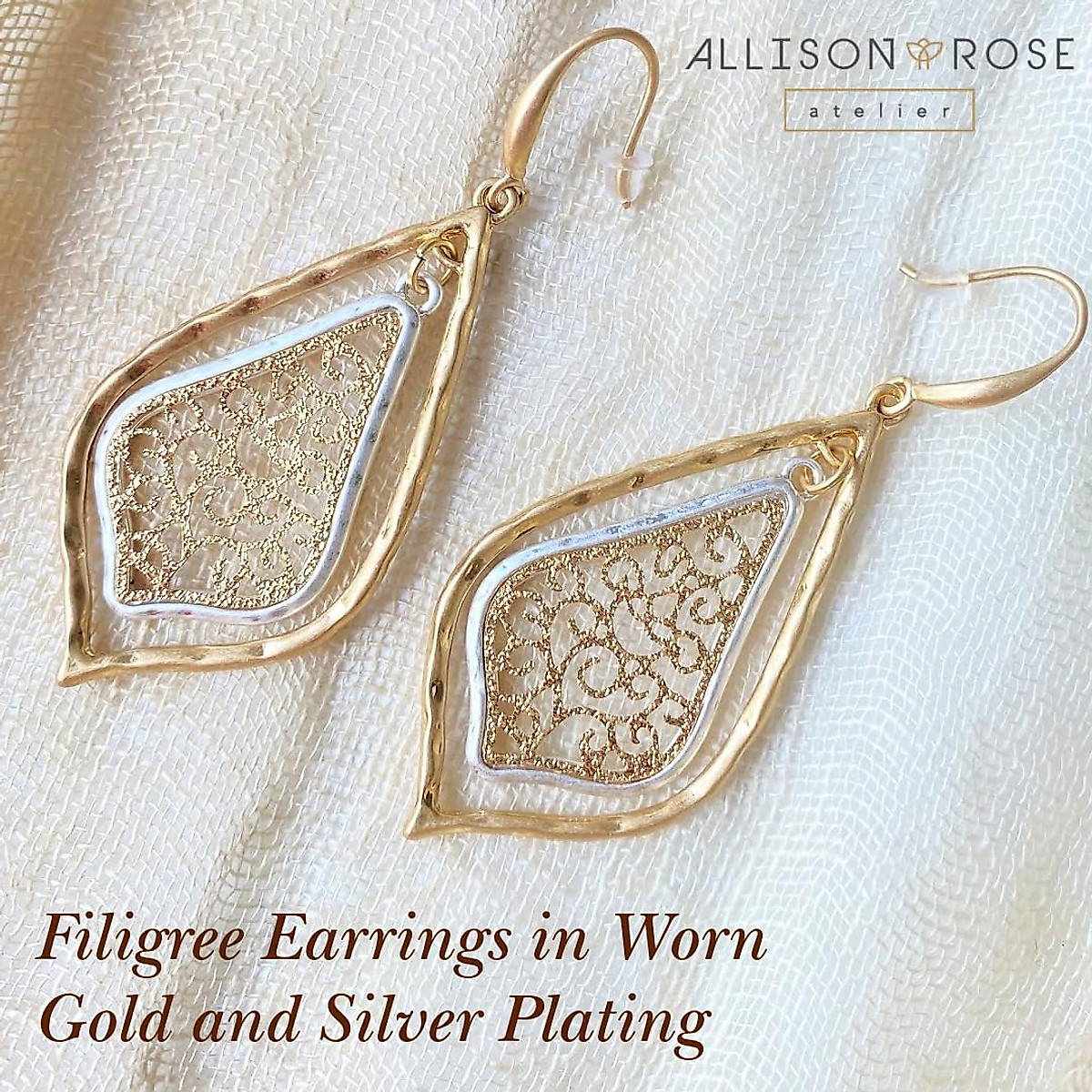 ALLISON ROSE ATELIER – Boho Filigree Two-Tone Dangle Earrings - Exquisite Handcrafted Jewelry for Boho Chic Style - Large Two Tone Worn Gold and Silver Plated Earring Set