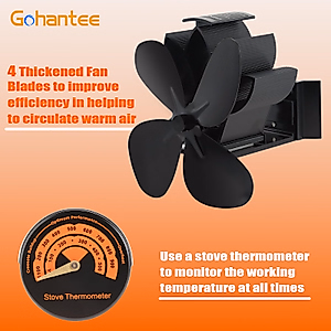 gohantee Heat Powered Stove Fan 4 Blades, Flue Pipe Hanging Fireplace Fan for Wood Logs Burners Fireplace Eco Friendly Efficiently Wood Stove Pipe Fan with Thermometer