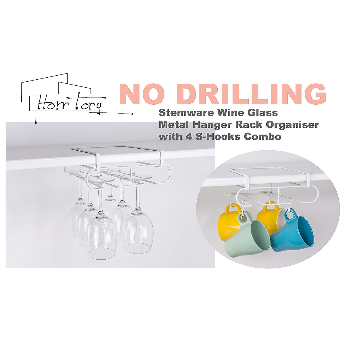 [HomTory] NO DRILLING Nail Free Stemware Wine Glass Metal Hanger Rack Organiser with 4 S-Hooks Combo - Holds Wine Glass, Mug, Utensil, Kitchenware, Stemware for Cabinet, Bar, Shelf, Kitchen