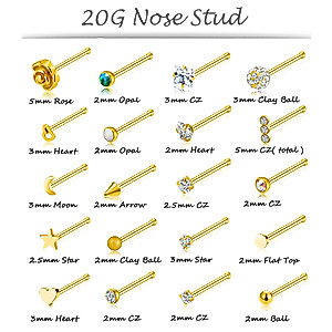 Tornito 20G 20Pcs Nose Ring CZ Nose Stud Retainer L Bone Screw Shaped Nose Piercing Jewelry Set for Women Men Stainless Steel Rose Gold Tone (D:20Pcs,Bone Shaped, Gold Tone)