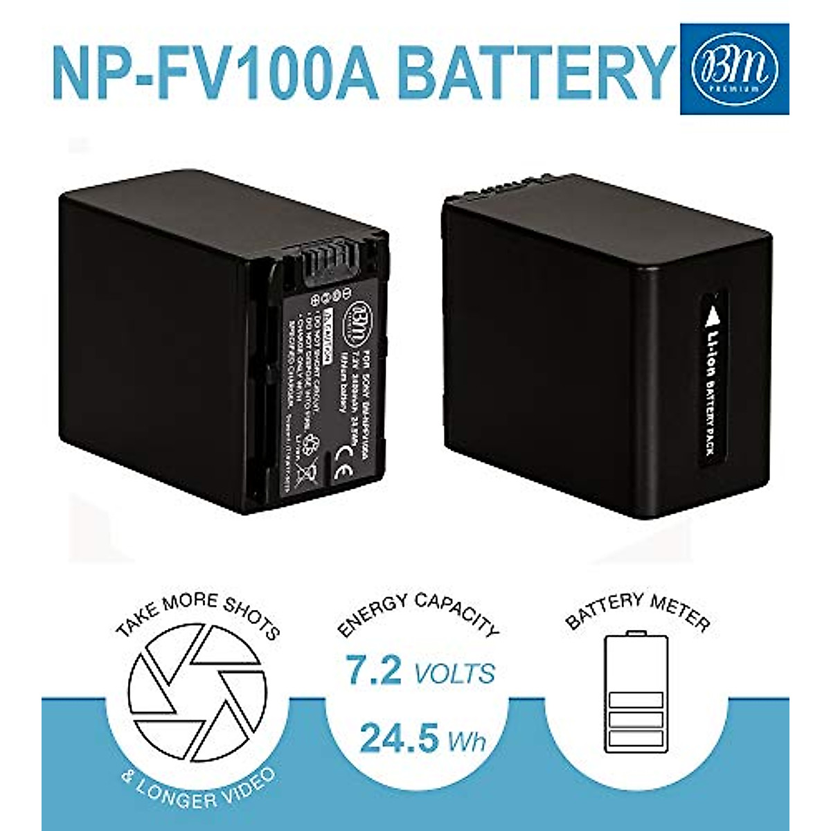 BM Premium 2 NP-FV100A High Capacity Batteries and Dual Bay Charger for Sony FDR-AX30 FDR-AX33 AX53 FDR-AX700 FDR-AX100 FDR-AX35 HXR-MC50 HXR-MC88 HX-RNX80 PXW-Z90V NEX-VG20 VG30 NEX-VG900 Camcorders