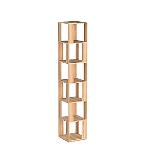 Rotating Bookshelf,6 Tier 360 Floor Standing Revolving Bookcase Storage Rack,Wood Narrow Bookshelf for Small Space,Corner Book Shelf Organizer for Bedroom, Living Room (Burlywood)