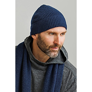 Fishers Finery Men's 100% Cashmere Ribbed Knit Hat and Scarf Set; Gift Box (Nvy)