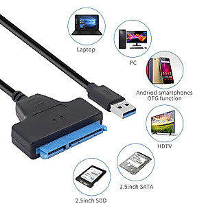 SATA to USB A Cable, USB 3.0 SATA I/II/III Hard Drive Adapter Cable for 2.5 inch SSD & HDD [Optimized for SSD/HDD Data Transfer, Support UASP ] Black