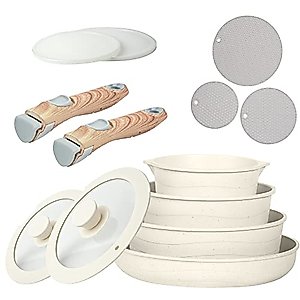 Caannasweis Pots and Pans Set Nonstick, Detachable Handle Cookware Sets, Stackable Induction Kitchen Cookware with Removable Handle, Non Stick RV and Camping Cookware, Dishwasher and Oven Safe, Beige