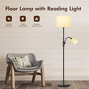 Standing Lamp, 12W LED Floor Lamp with Reading Light, 69" Tall Lamps for Living Room,Bedroom,Office, Boho Floor Lamp with 3-Way Rotary Switch, Stand up Lamp in Grey Linen Lampshade, LED Bulbs Included