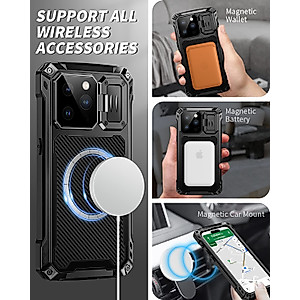 Lanhiem Magnetic for iPhone 14 Pro Max Metal Case, [Built-in Camera Kickstand & Glass Screen Protector] Heavy Duty Full Body Rugged Protective Military Magsafe Cover for iPhone 14 Pro Max 6.7" (Black)