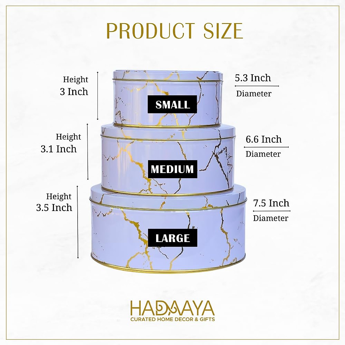 Pack of 3 Stackable Round Metal Tin Containers with Lids – Multipurpose Tins for Cookies, Candies, Kitchen Essentials & More | Thoughtful Gift for Women's / Mother's Day – Elegant White Gold Design