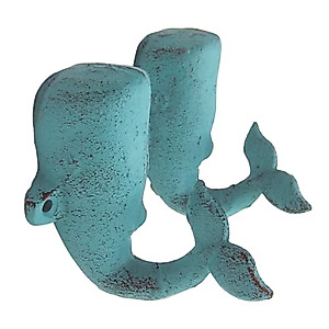 Turquoise Whale Cast Iron Wall Hooks, Wall Mounted for Hanging Coats, Purses, Towels, Hats, Beach Themed Wall Décor, Set of 2, 4 Inches High