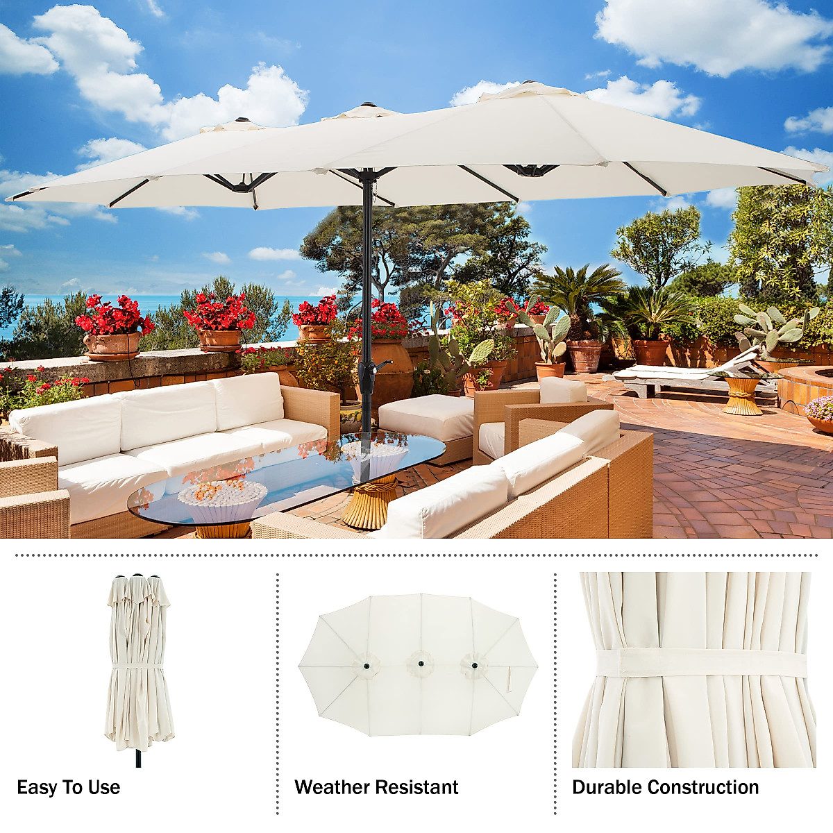 Pure Garden 50-LG1283 Beige 15' Double Sided Market Umbrella