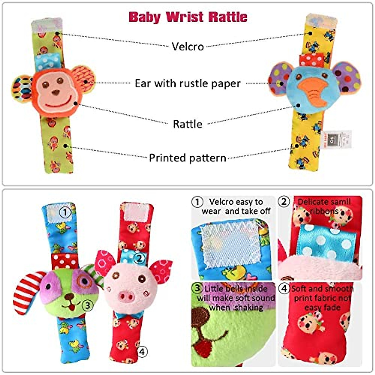 ThinkMax Wrist Foot Rattles for Baby, 8 Pcs Soft Animal Wrist Rattles and Foot Finder Socks - Elephant, Monkey, Piggy and Puppy