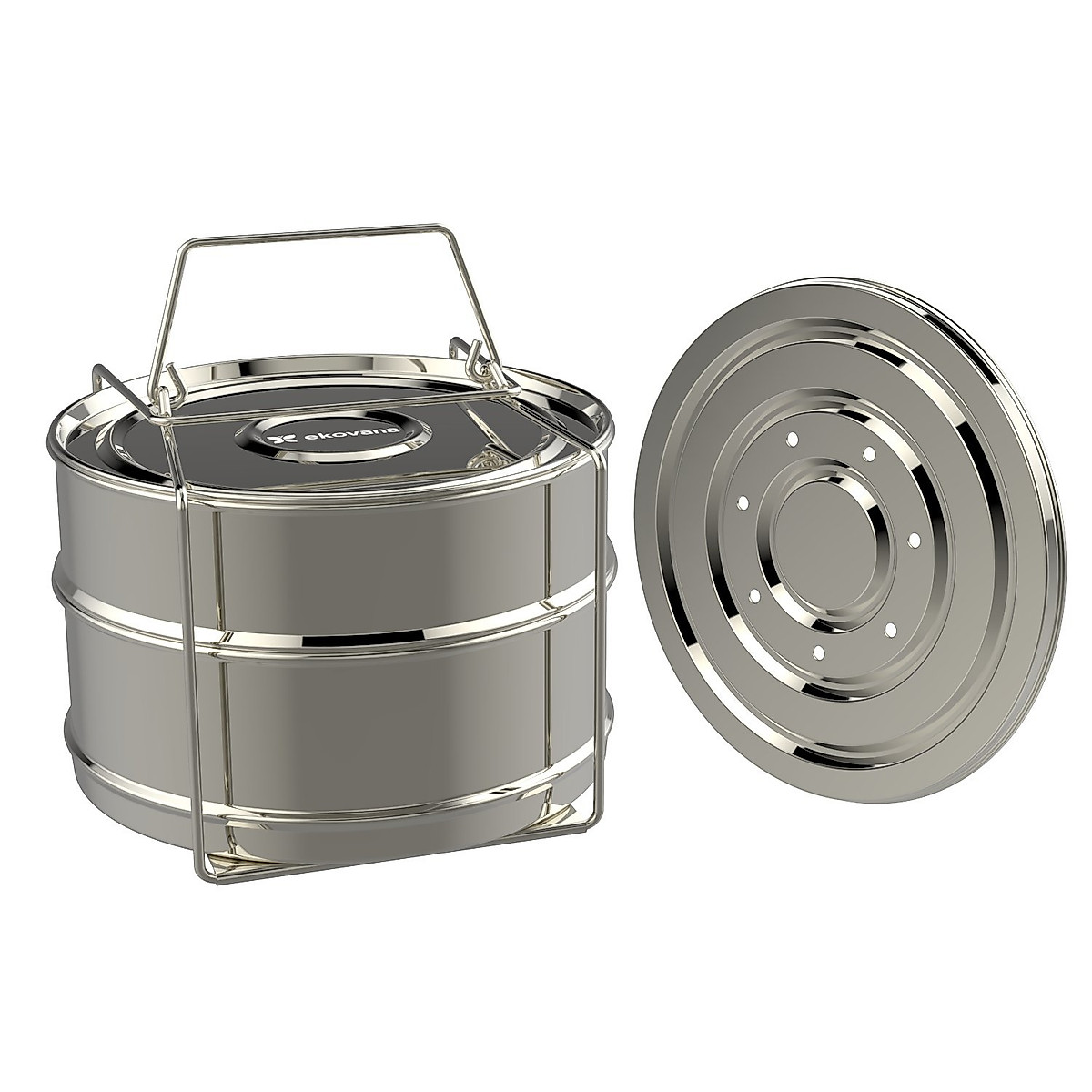 ekovana 3qt Mini Stackable Stainless Steel Pressure Cooker Steamer Insert Pans with sling handle - compatible with Instant Pot Accessories 3 quart - two interchangeable lids