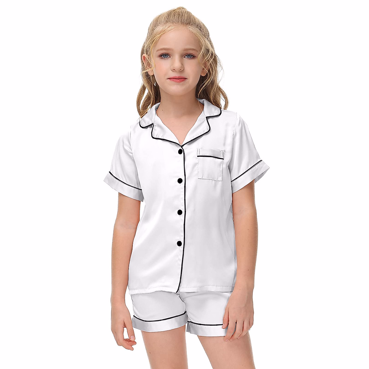Veseacky Big Girls Boys Pajamas Set Satin Silk Short Sleeves Sleepwear 2 Piece Button-Down Classic Pjs Set (White,12y)