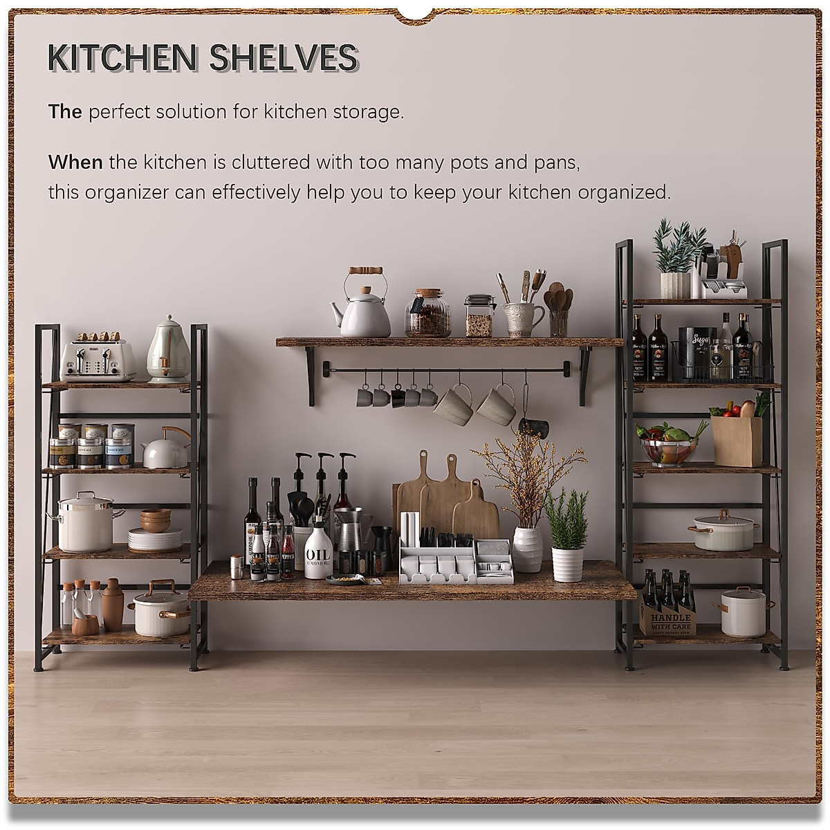 4NM No-Assembly Folding Bookshelf Storage Shelves 4 Tiers Vintage Bookcase Standing Racks Study Organizer Home Office (Rustic Brown and Black)