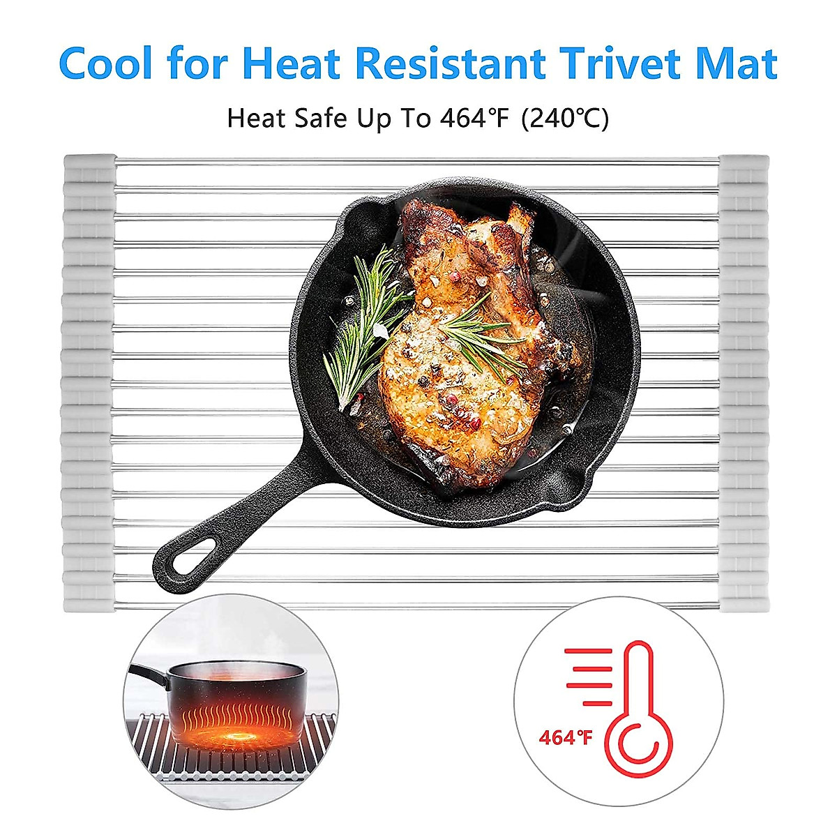 Lauon Roll Up Dish Drying Rack Over The Sink Multipurpose Dish Drainer Tray Mat，304 Stainless Steel Foldable Dish Rack (17.8''x11.8'')