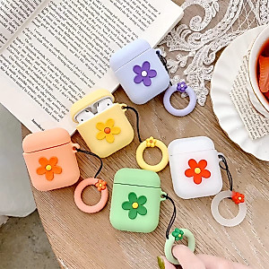 Ownest Compatible for AirPods Case Cute Cartoon Flower Pattern Girls Woman Soft Silicone Shockproof Keychain Design Cover for Airpods 1 &2-Green