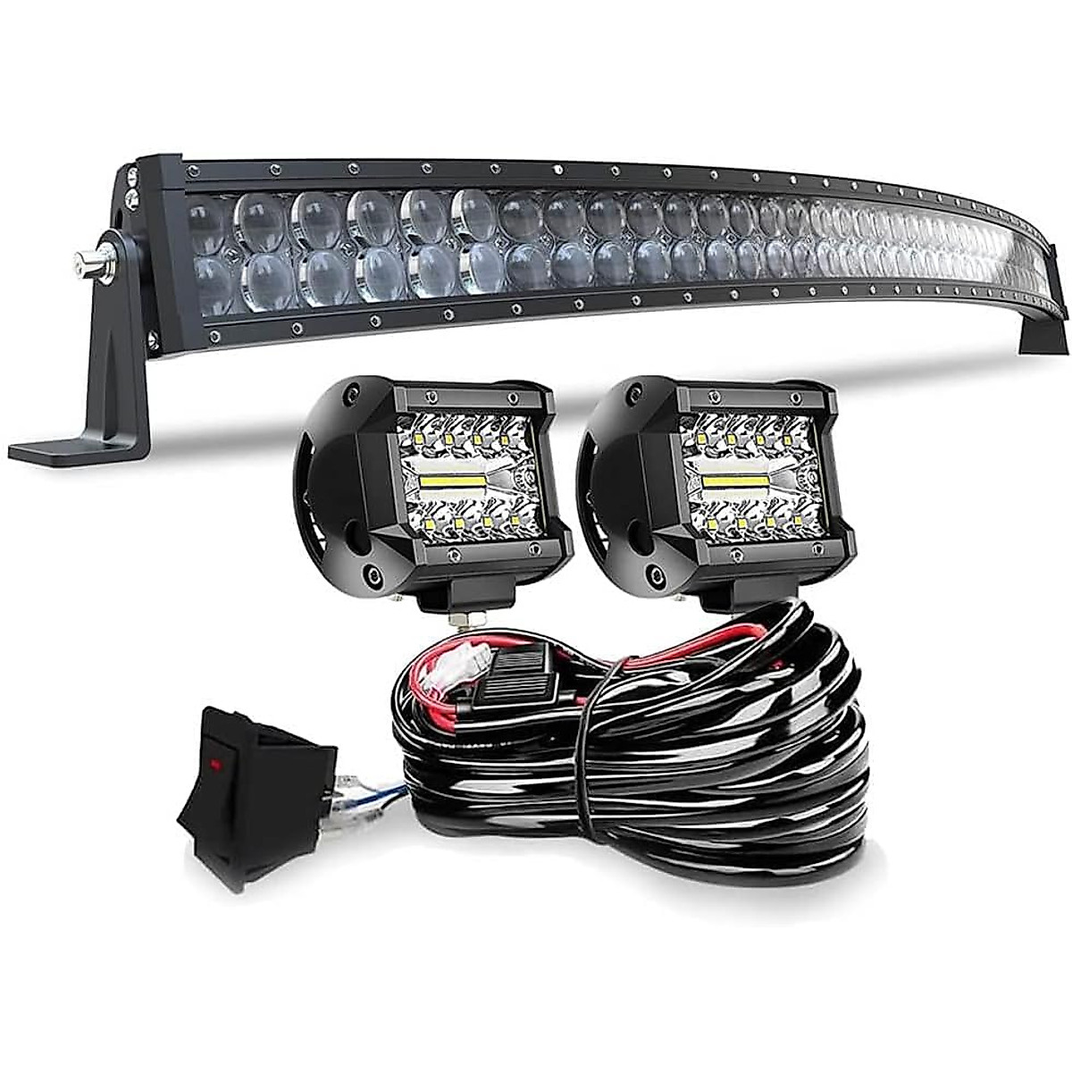 52 Inch Led Light Bar 5D Curved +2X 4Inch Led Cube Pods W/Wiring Kit for Polaris Ranger Can Am X3 Maverick Grand Cherokee XJ Dodge Ram Dodge GMC UTV ATV 4WD Truck Boat