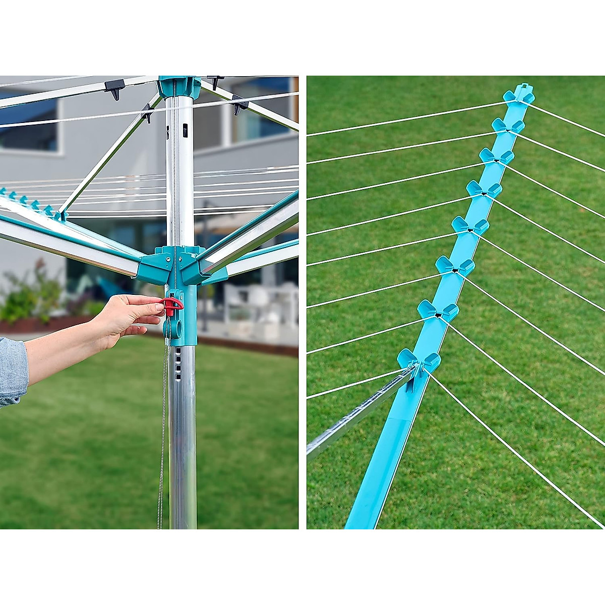 Leifheit Linomatic 500 Easy Dryer 50m Retract to Stay Clean, All Rust-Free Aluminium, 3.28m Turning Diameter, Longest Length 2.03m Pull-Open, Rotary Clothes line Airer, Turquoise, Large