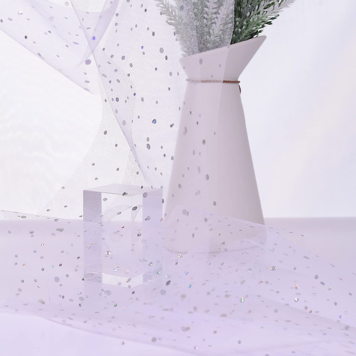 Glitter Tulle Rolls, 6” by 50 Yards (150FT) Sequin Tulle Netting Fabric Tulle for Tutu Skirts Sewing Birthday Wedding Party Decoration (White)