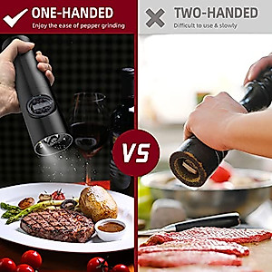 TLCCV Electric Salt and Pepper Grinder Set Rechargeable Automatic Black Salt & Pepper Mill 2 Pcs with Charging Base, Type-C USB Cables, LED Lights, Adjustable Coarseness, One Hand Operation