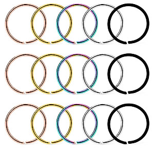 Dyknasz 15Pcs 22G Nose Rings Hoop 316L Stainless Steel Fake Nose Ring Tragus Cartilage Helix Piercing Earring Hoops Septum Lip Ring 6MM for Women Men Mix Color