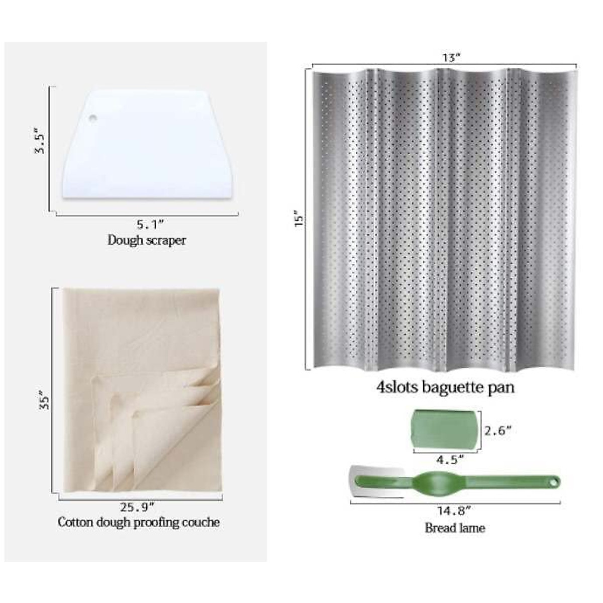 Perforated French Baguette Pan for Baking 15"x13" - 4 Wave Loaves Bread Baking Pan Set with Proofing Cloth, Bread Lame Cutter and Dough Scraper - Nonstick Baguette Bread Making Tools and Supplies