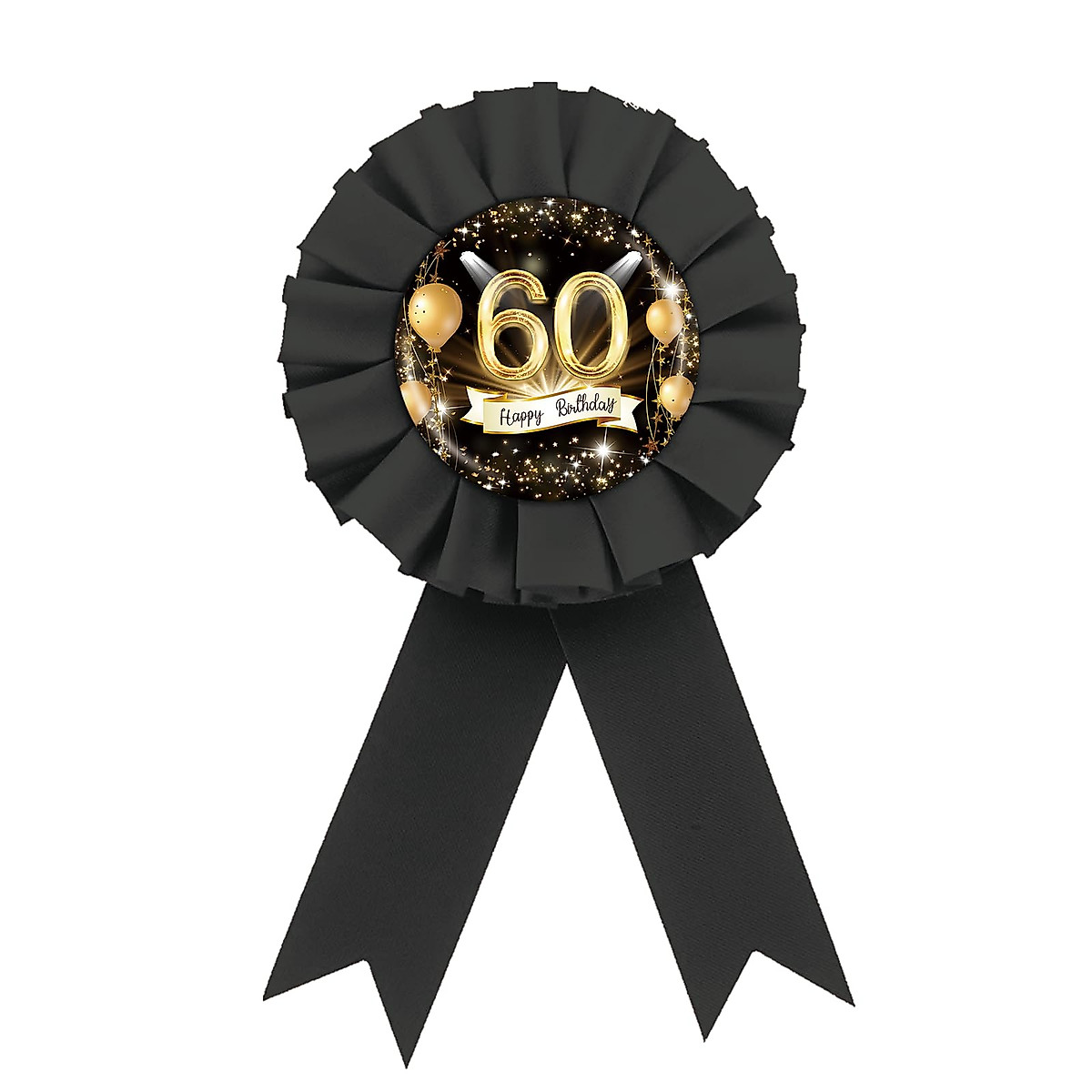 Black Happy 60th Birthday Tinplate Badge Pin, Black Rosette Birthday Button for Men Women, Golden Balloon 60th Birthday Award Badge Pin, Sixty Years Old Birthday Party Decorations