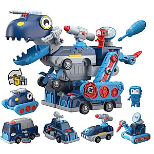 Toys for 5+ Year Old Boys, Take Apart Dinosaur, Magnetic Building Blocks Vehicles Play Set, 5 in 1 Cars & Trucks Transform Into Robot Dino T-rex, Engineering STEM Toys & Gifts for Boys & Girls