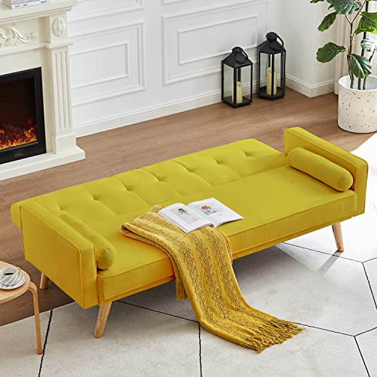 FULife Convertible 3 in1 Loveseat Sofa Futon Couch Sleeper Pullout Chaise Lounge Recliner Chair Reversible Folding Daybed Guest Bed,2-Seat Sofá,Adjustable Back,600lb Capacity, Yellow Linen Fabric 72"w