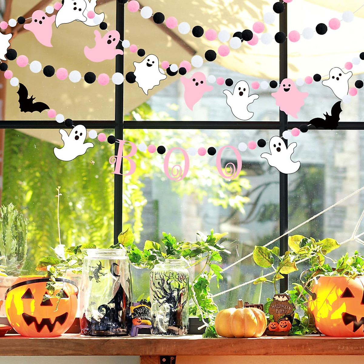 Doumeny 3pcs Halloween Boo Felt Garlands Bat Hanging Banner Ghost Theme Ball Garlands Halloween Black Pink White Pom Pom Banner Halloween Party Felt Banner for Halloween Party Fireplace Home Decor