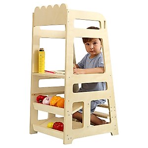 Lauon Step Stools for Kids, Adjustable Height Toddler Montessori Wooden Tower - Safe Anti-Drop Kitchen Stool Helper, Standing Tower for Bathroom & Counter