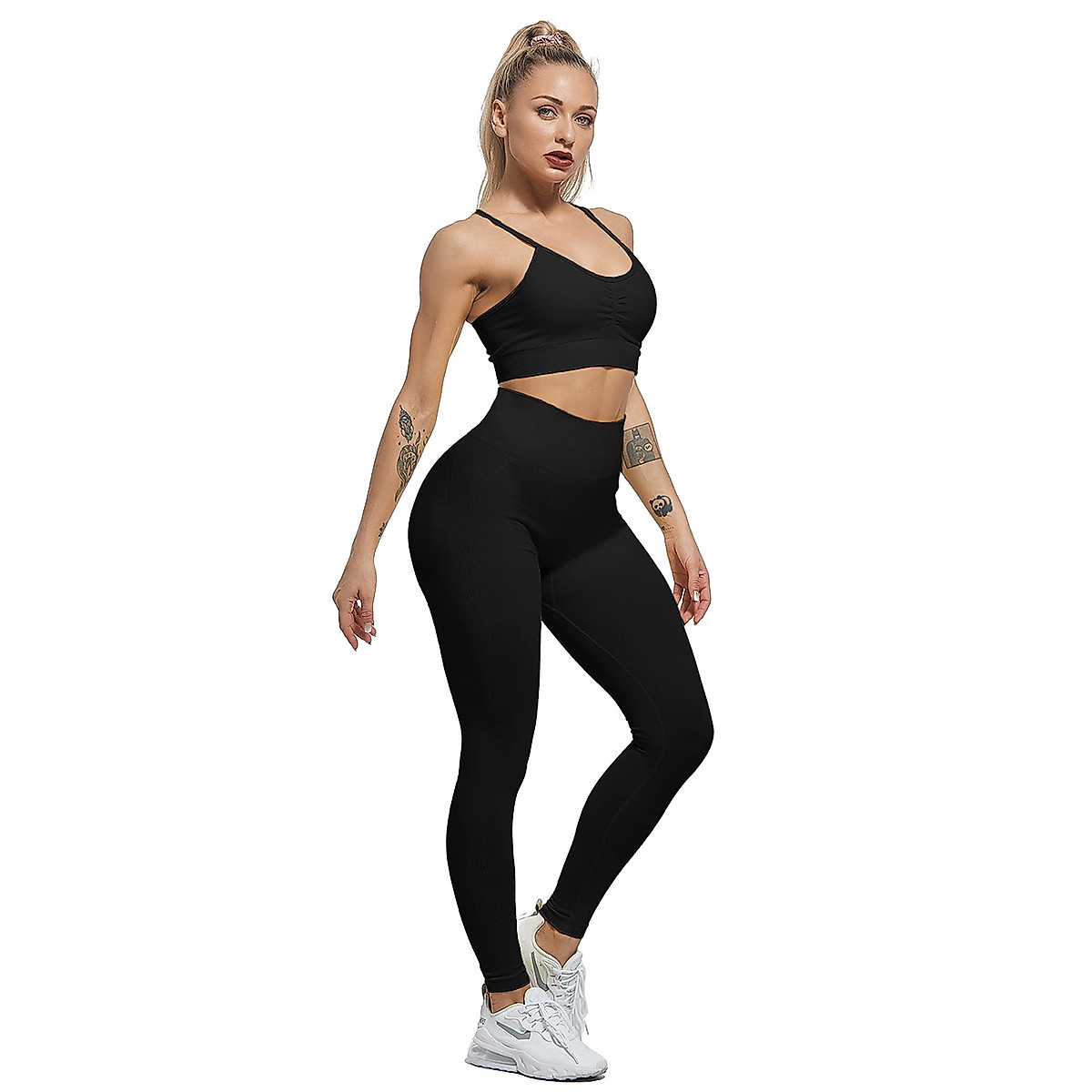 CHRLEISURE 3 Piece Workout Leggings Sets for Women, Gym Scrunch Butt Butt Lifting Seamless Leggings (Black, XL)