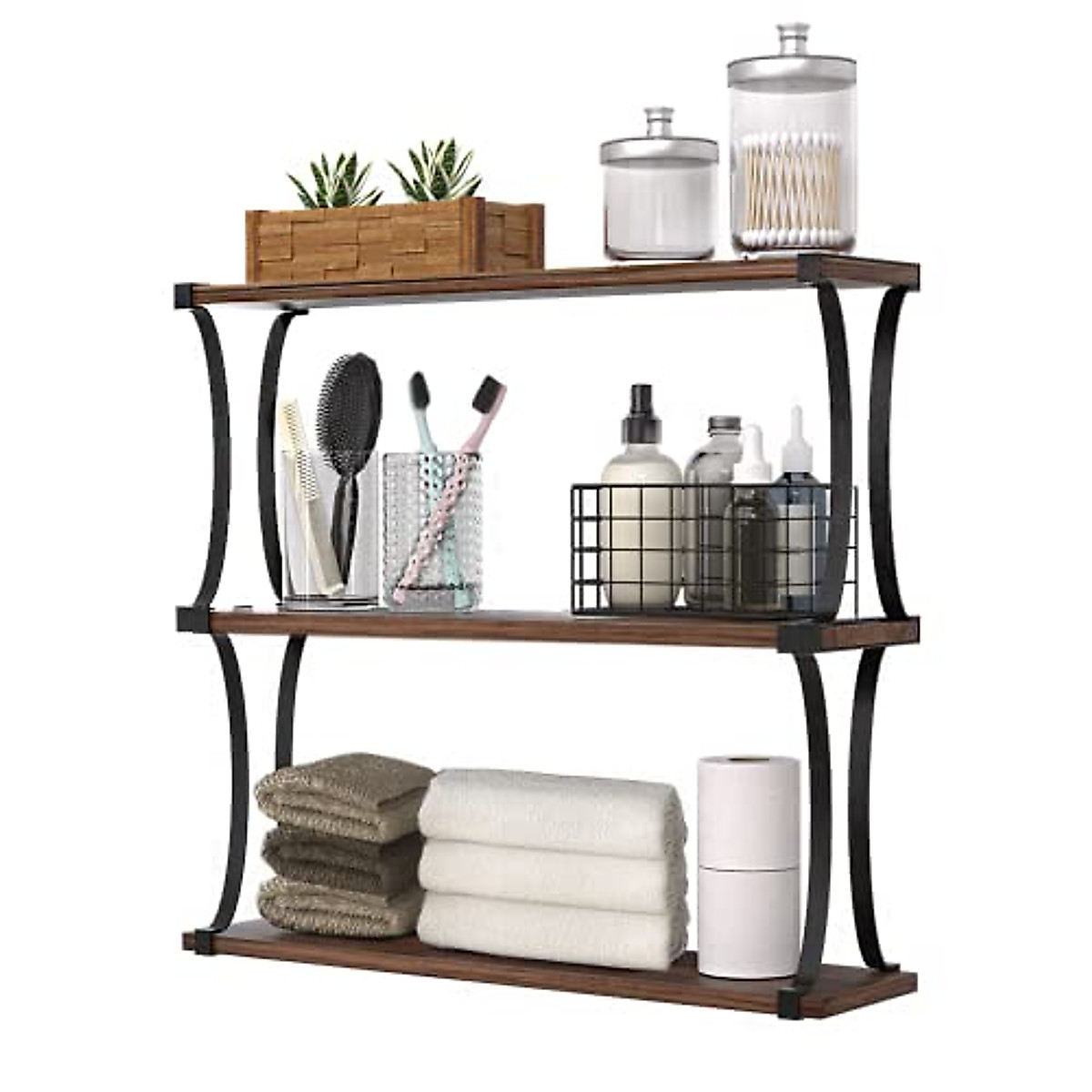 J JACKCUBE DESIGN Floating 3 Tier 27 Inch Rustic Wood Wall Mount Bathroom Shelf, Storage Display Organizer Farmhouse Shelves with Curved Metal Brackets for Bathroom, Living Room- MK476C