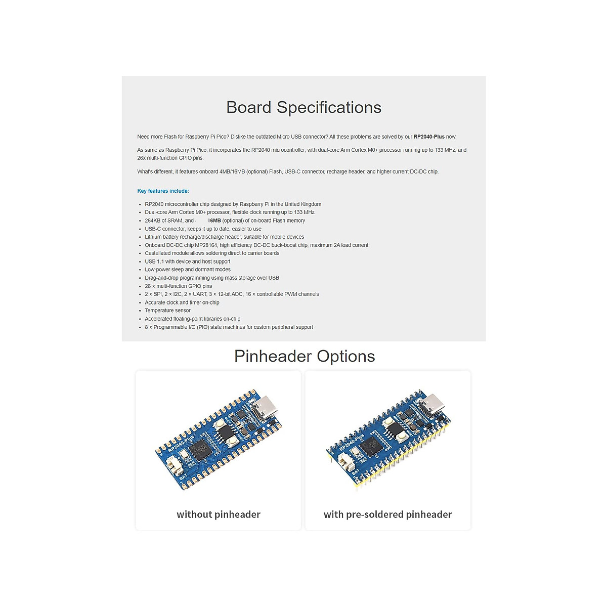 waveshare RP2040-Plus Mini Board with Pre-Soldered Header Pico-Like MCU Board Based on Raspberry Pi RP2040 Chip,Dual-core Arm Cortex M0+ Processor,USB-C Connector,16MB Flash,Higher Current DC-DC Chip