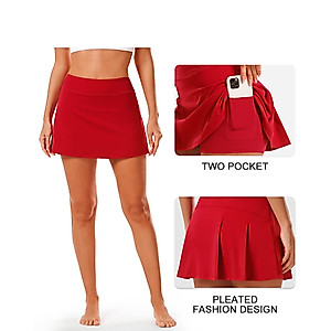 Stelle Women Tennis Skirt Golf Skorts Athletic High Waisted with Pockets Inner Shorts Sport Workout Pleated Pickleball(Red-Nylon-2,M)