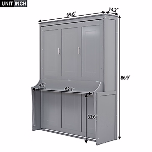 Mobile High Murphy Bed Chest Versatility Bed, Queen Size Wood Murphy Bed Frame with Shelf Desk, Foldable Platform Bed Folded into Cabinet, Bedroom Furniture Chest Bed Folding Bed (Gray Bed)