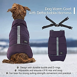 BRKURLEG Purple Dog Coat with Harness Detachable,Small Medium Large Dog Winter Clothes with Furry Collar,Pet Warm Snow Suit Jacket with Reflective,Waterproof Cold Weather Doggy Fleece Cozy Vest Hiking