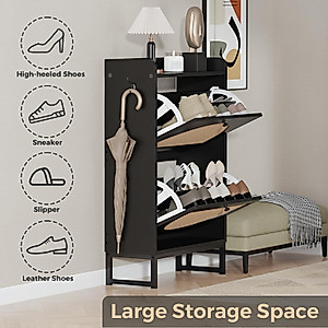 KFO Shoe Cabinet with 2 Handmade Natural Rattan Flip Drawers, Entryway Shoe Rack Storage Organizer for Sneakers, Slippers, Free Standing Shoe Racks, Black……