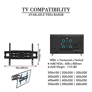 Stainless Steel Portable TV Wall Stand for Most 32-70 Inches Flat Curved TVs,Slim TV Wall Bracket up to 50KG Tilting Height Adjustable, Max VESA 600x400mm